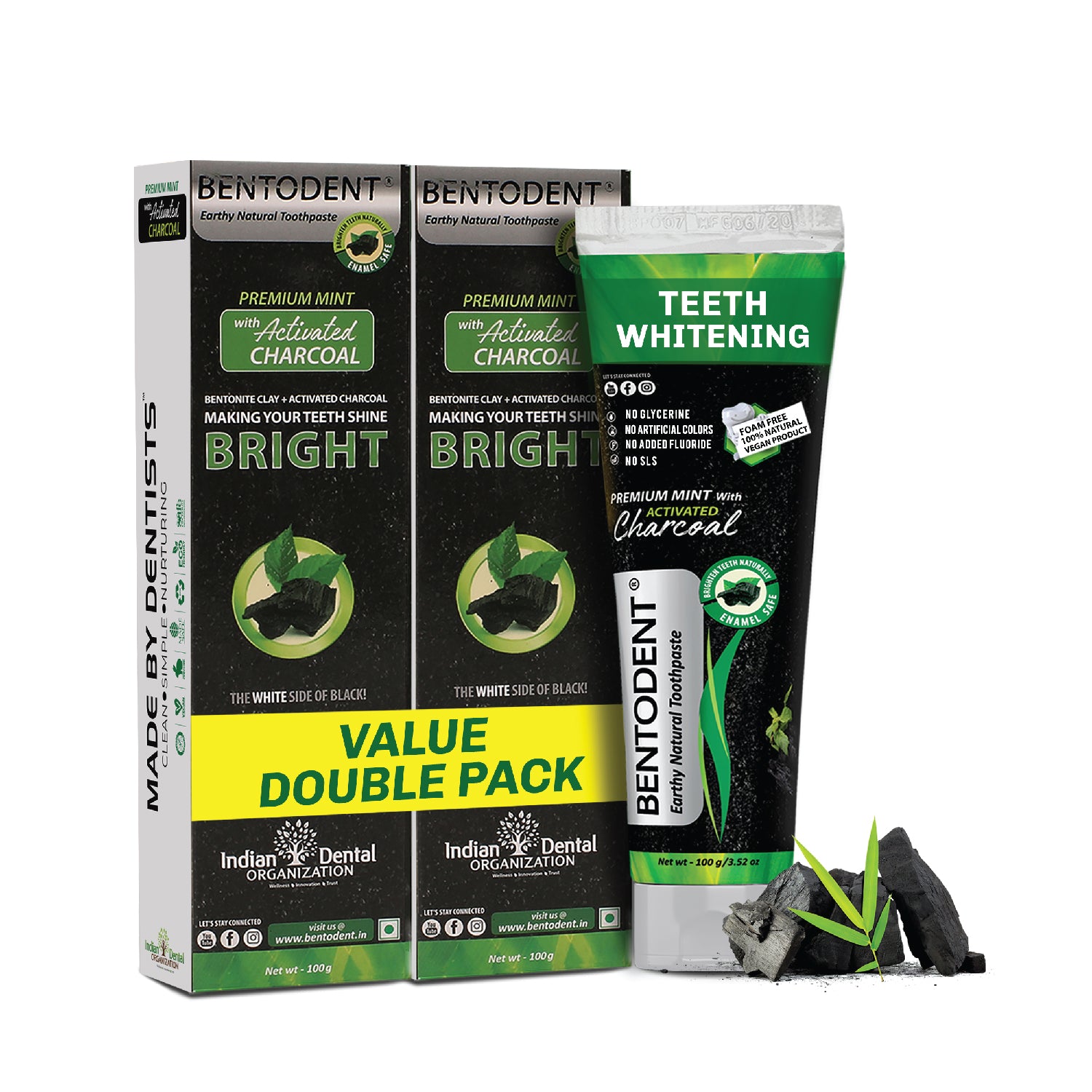Bentodent Charcoal Toothpaste - Teeth Whitening (Twin Pack) - 100 gm e