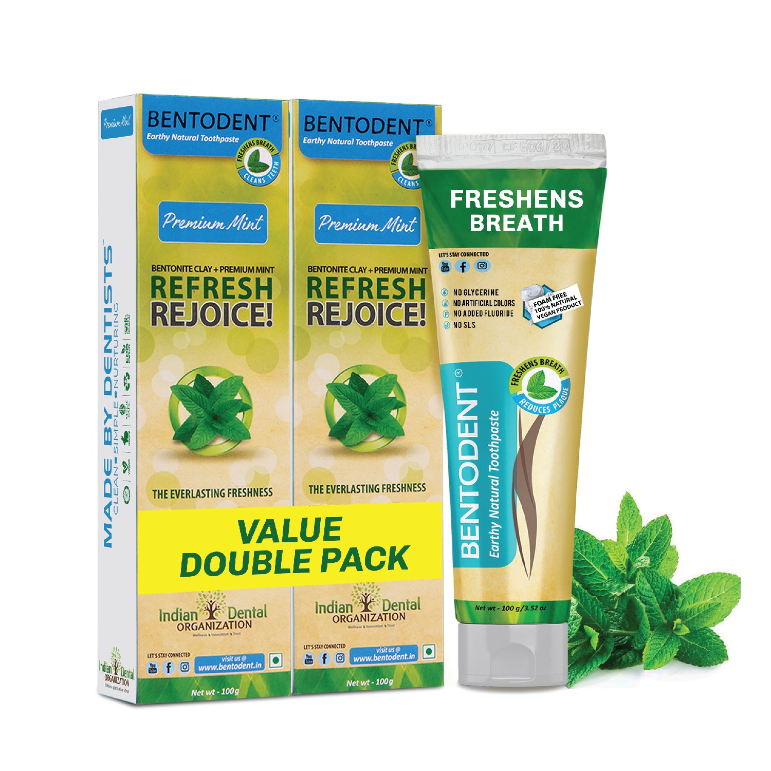Bentodent Premium Mint Natural Toothpaste (Twin Pack) - 100 gm each