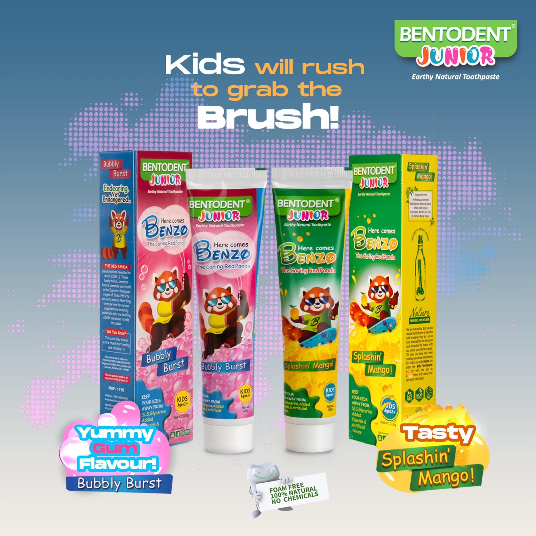 Bentodent 100% Natural Kids Mango & Bubble Gum Toothpaste Pack,2+ year