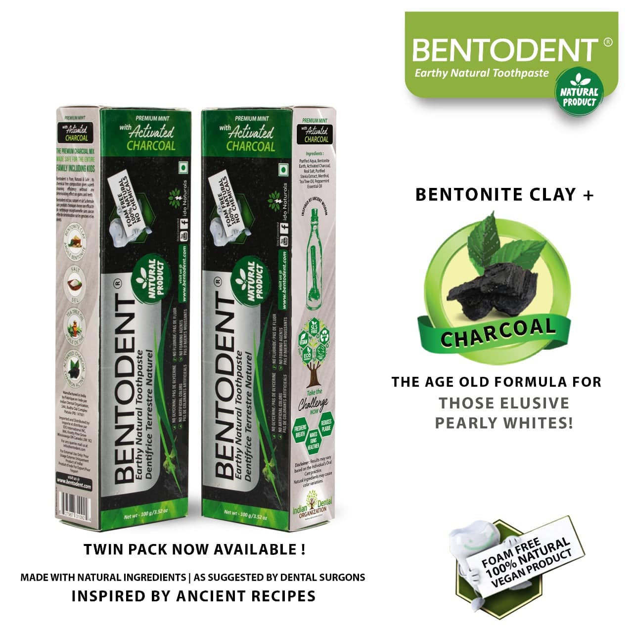 Bentodent Charcoal Toothpaste - Teeth Whitening (Twin Pack) - 100 gm ...